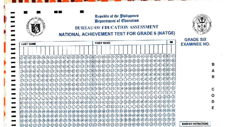 716888325-NAT6-G6-National Achievement Test Sample Answer Sheet - Studocu
