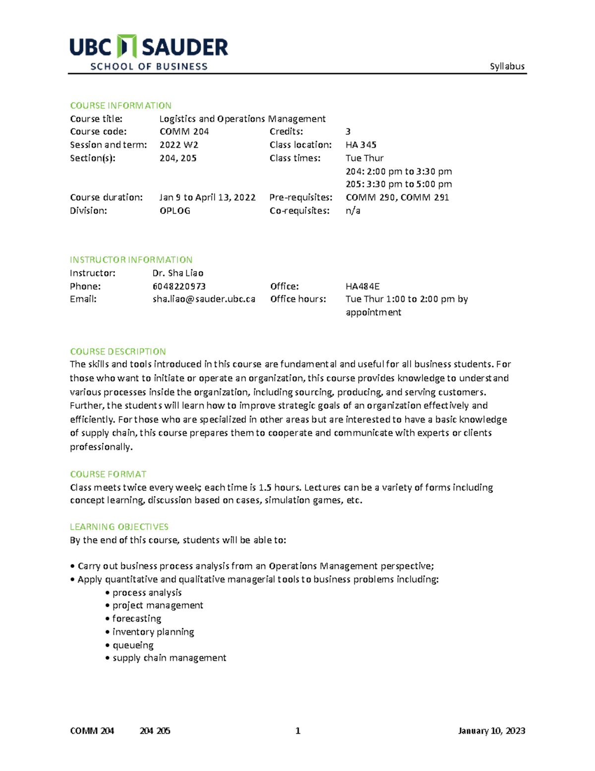 COMM 204 Logistics & Ops Management - Syllabus for 2022 W2 Session ...