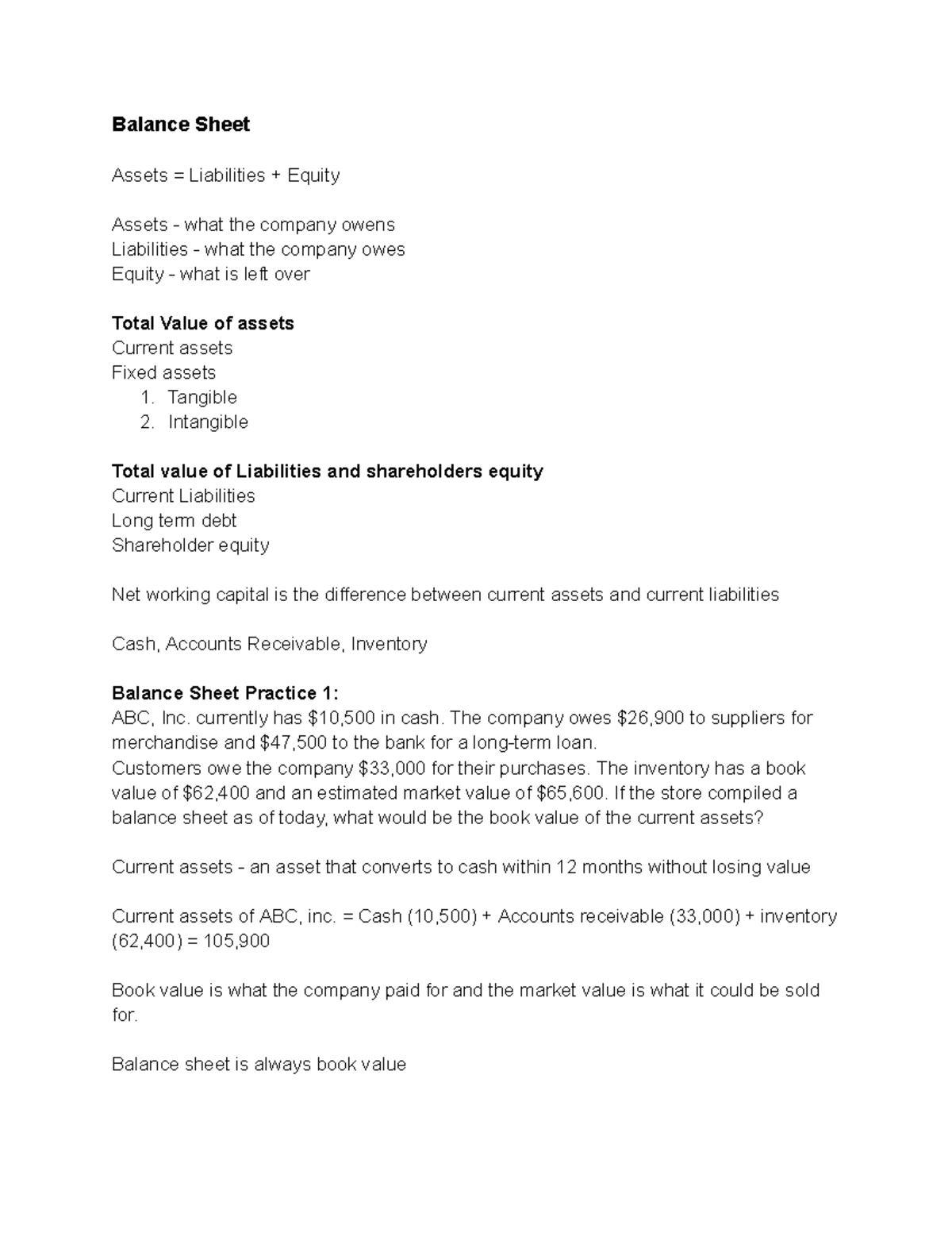 FINC 311 - notes from class - Balance Sheet Assets = Liabilities ...