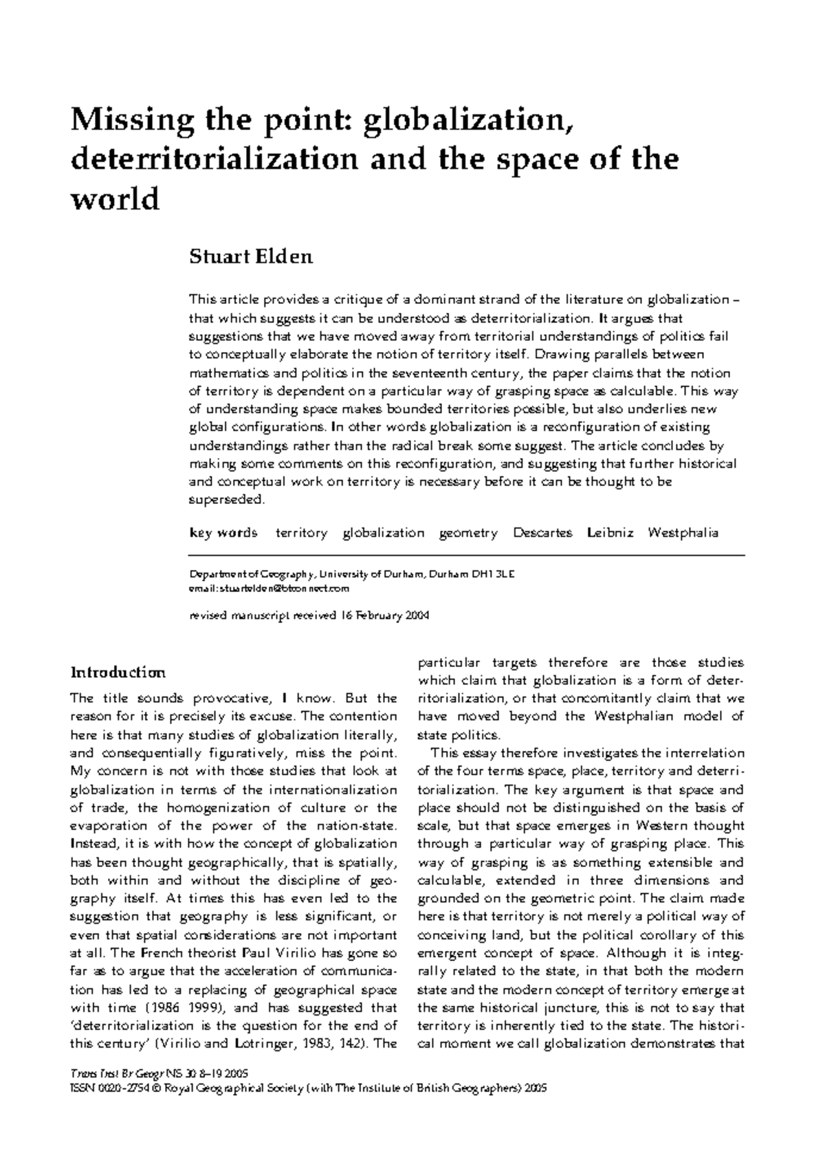 GEO 301: Globalization, Deterritorialization, and Territoriality ...
