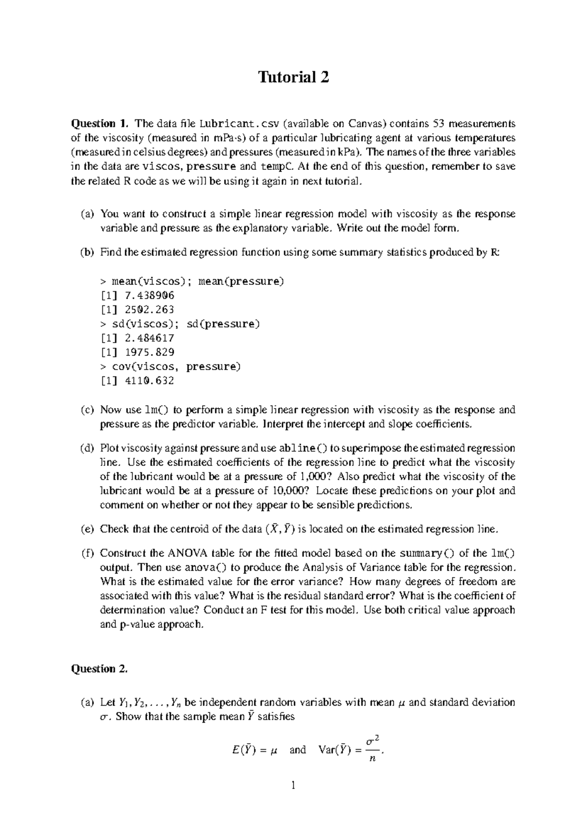 Tutorial 2: Linear Regression & ANOVA Analysis on Lubricant Data - Studocu