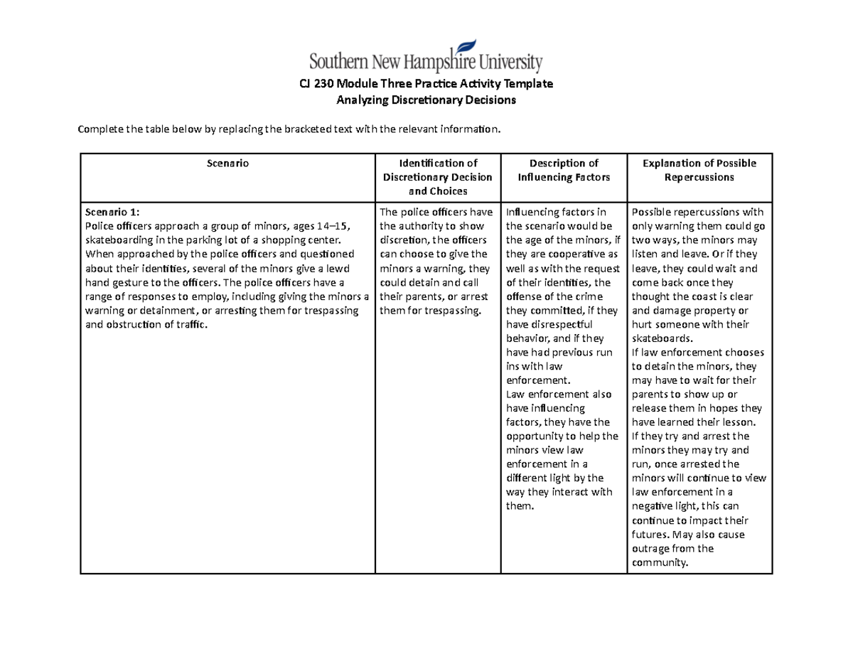CJ 230 Module 3 Practice Activity: Analyzing Discretionary Decisions ...