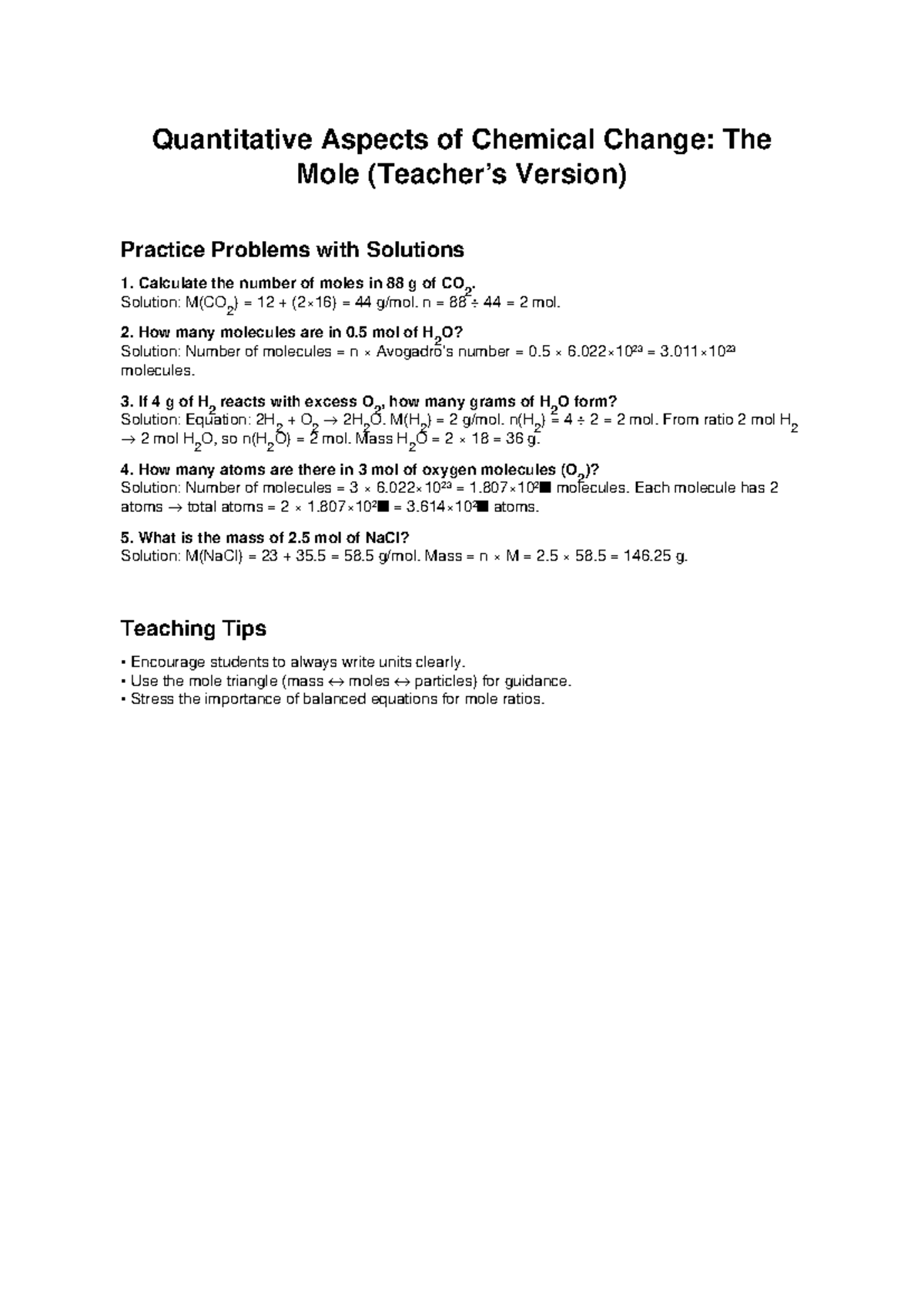 Mole Lesson Handout (CHEM101) with Practice Problems & Solutions - Studocu