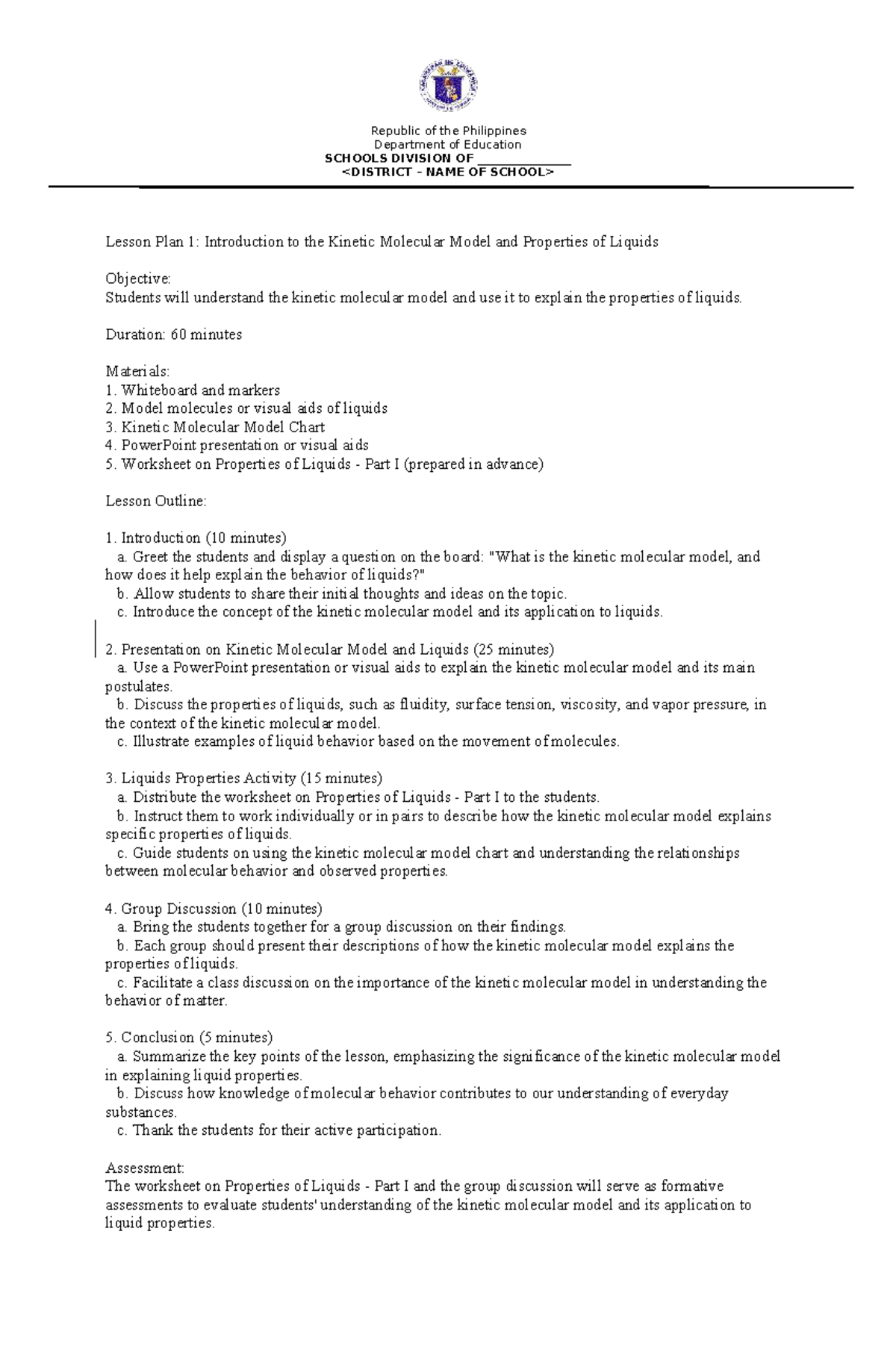 GEN 1.1 - Lesson Plan: Kinetic Molecular Model & Properties of Liquids ...