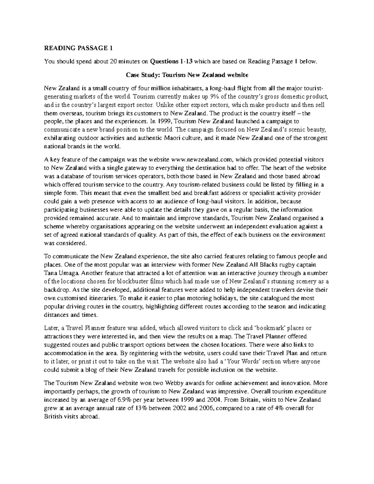 Cambridge 13 Test 1 Reading: Case Study on Tourism in New Zealand - Studocu