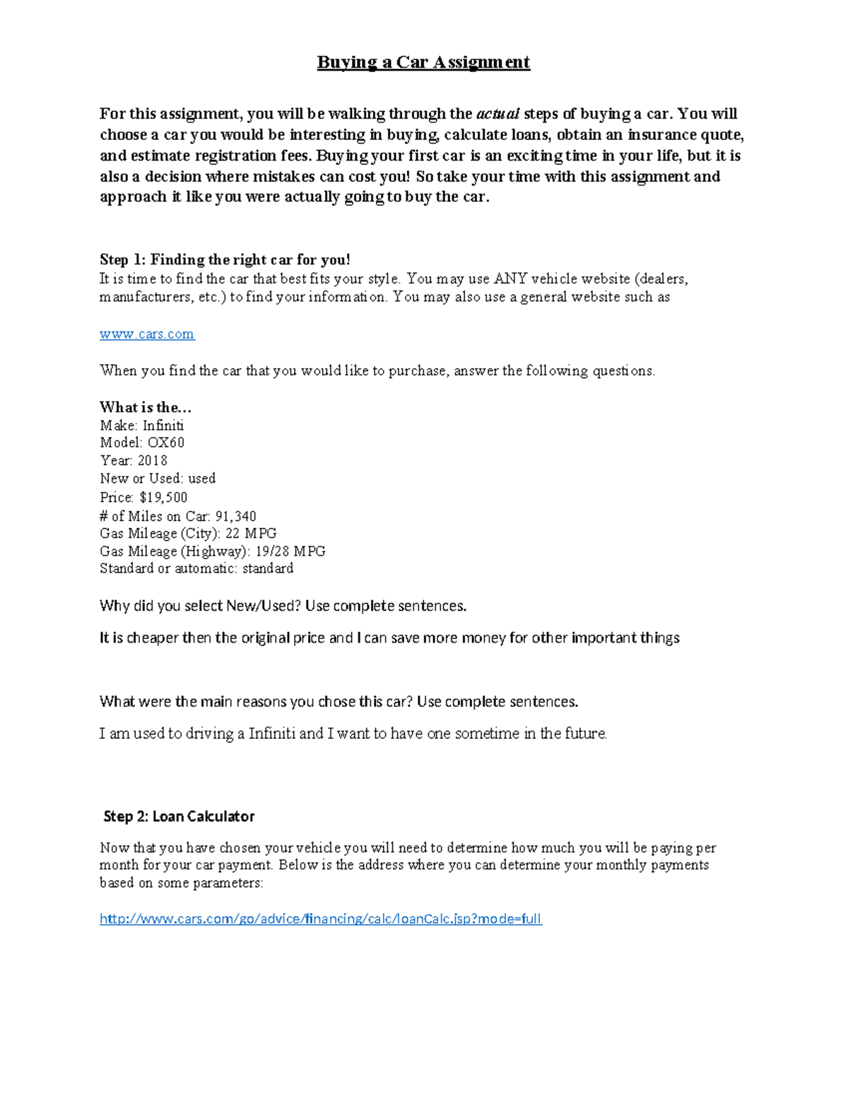 Car Buying Assignment: Steps and Calculations for First-Time Buyers ...