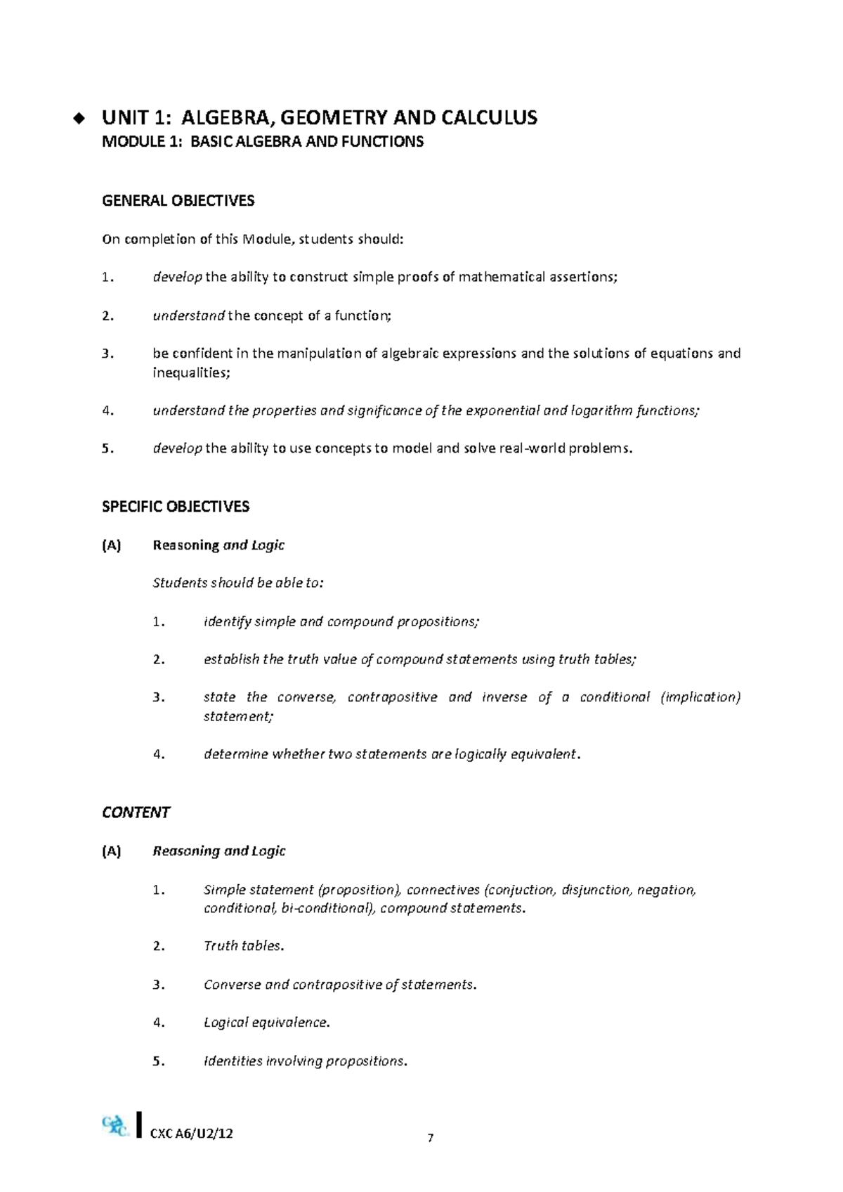 CXC ALGEBRA NOTES: UNIT 1 - BASIC ALGEBRA & FUNCTIONS - Studocu