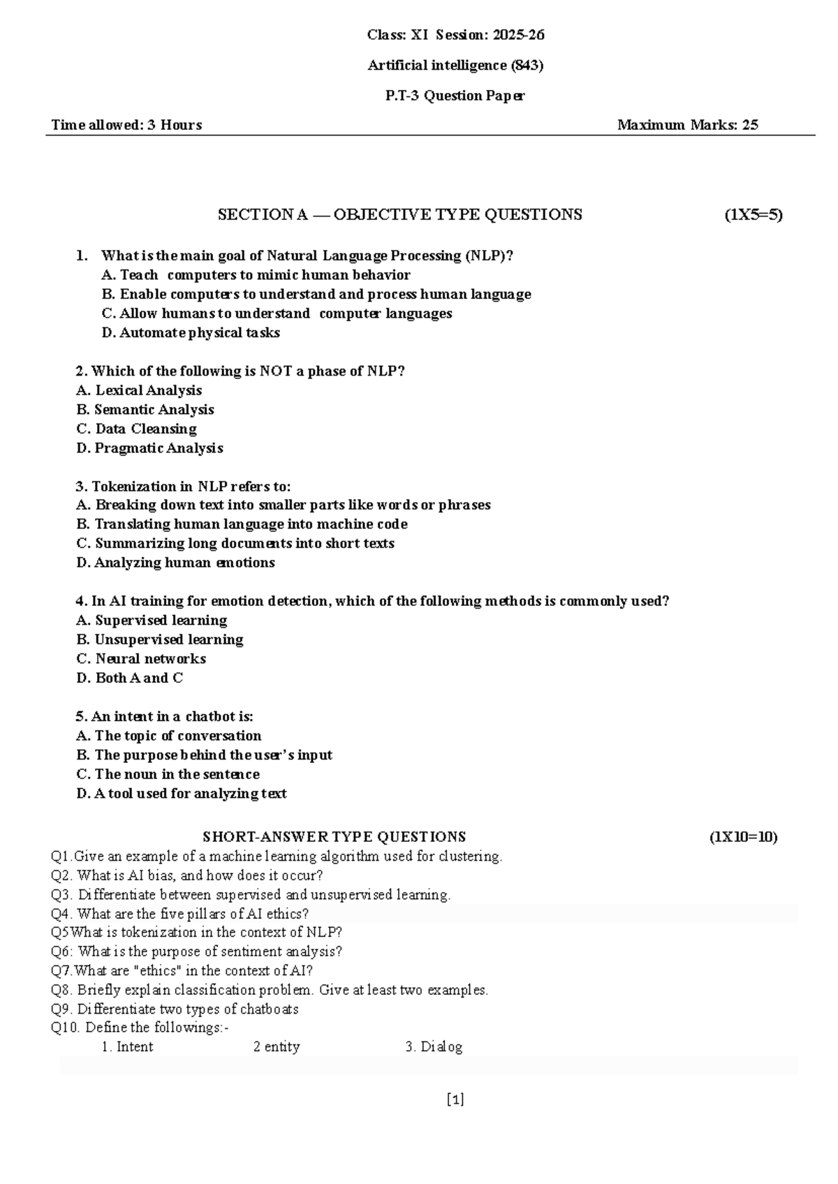 Class XI AI (843) PT3 Question Paper & Study Materials - Studocu