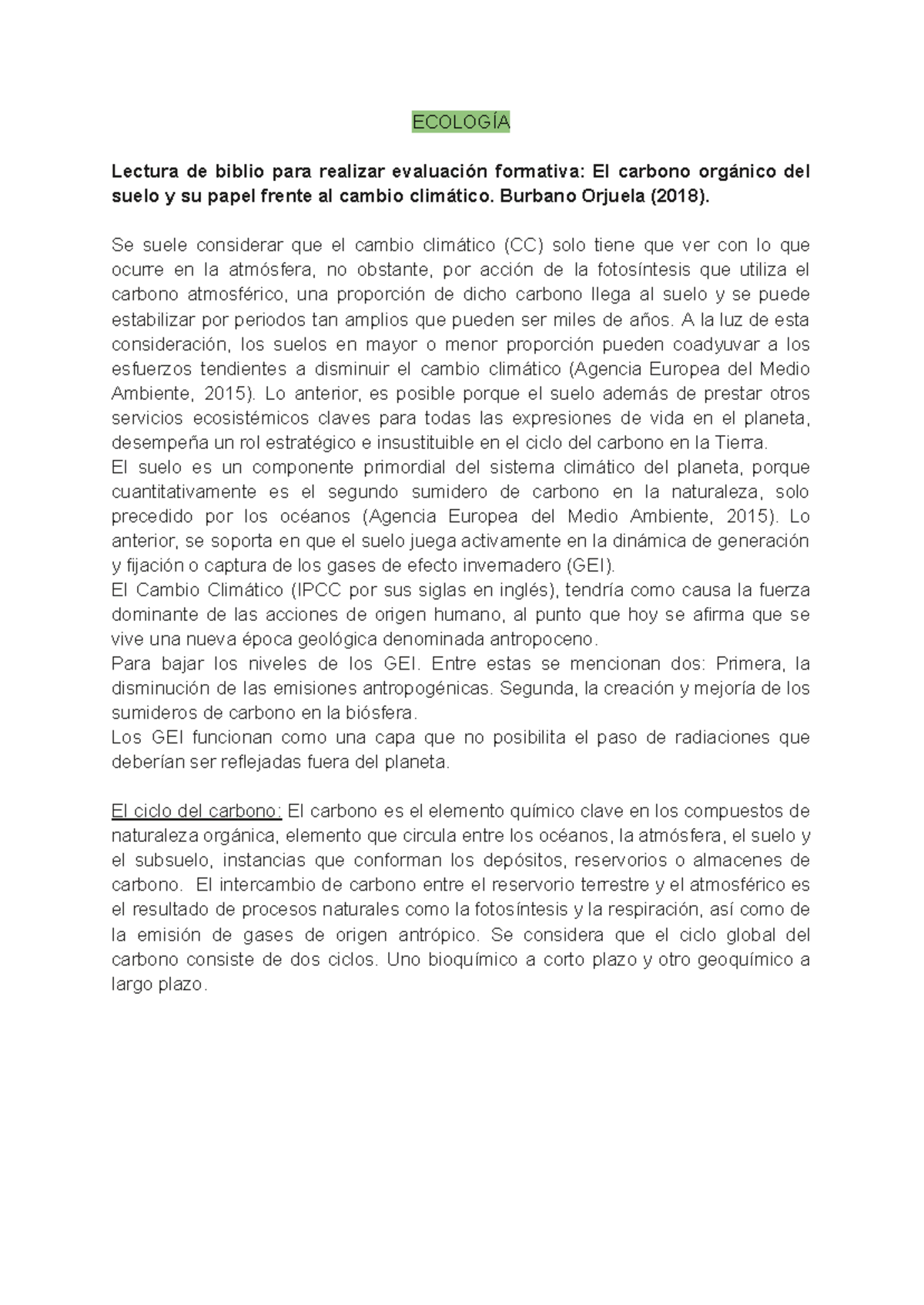 ECO 101: Resumen de la Lectura sobre Carbono y Cambio Climático - Studocu