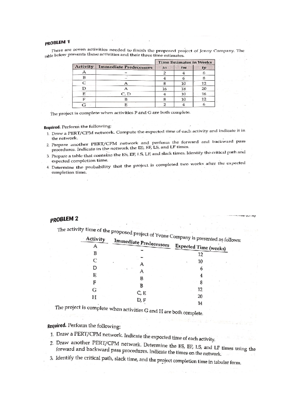 PERT-CPM Problems & Calculations for Jenny and Yvone Companies - Studocu