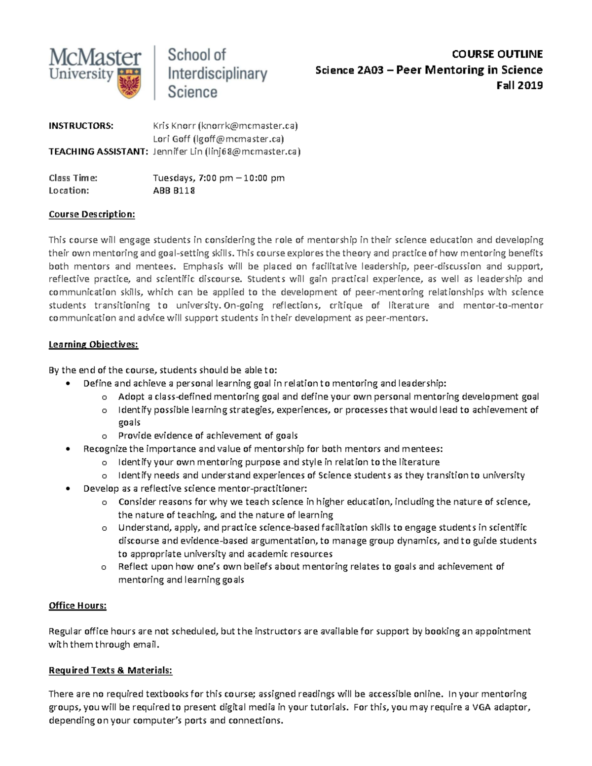 F2019 Science 2A03 - Peer Mentoring Course Outline - Studocu