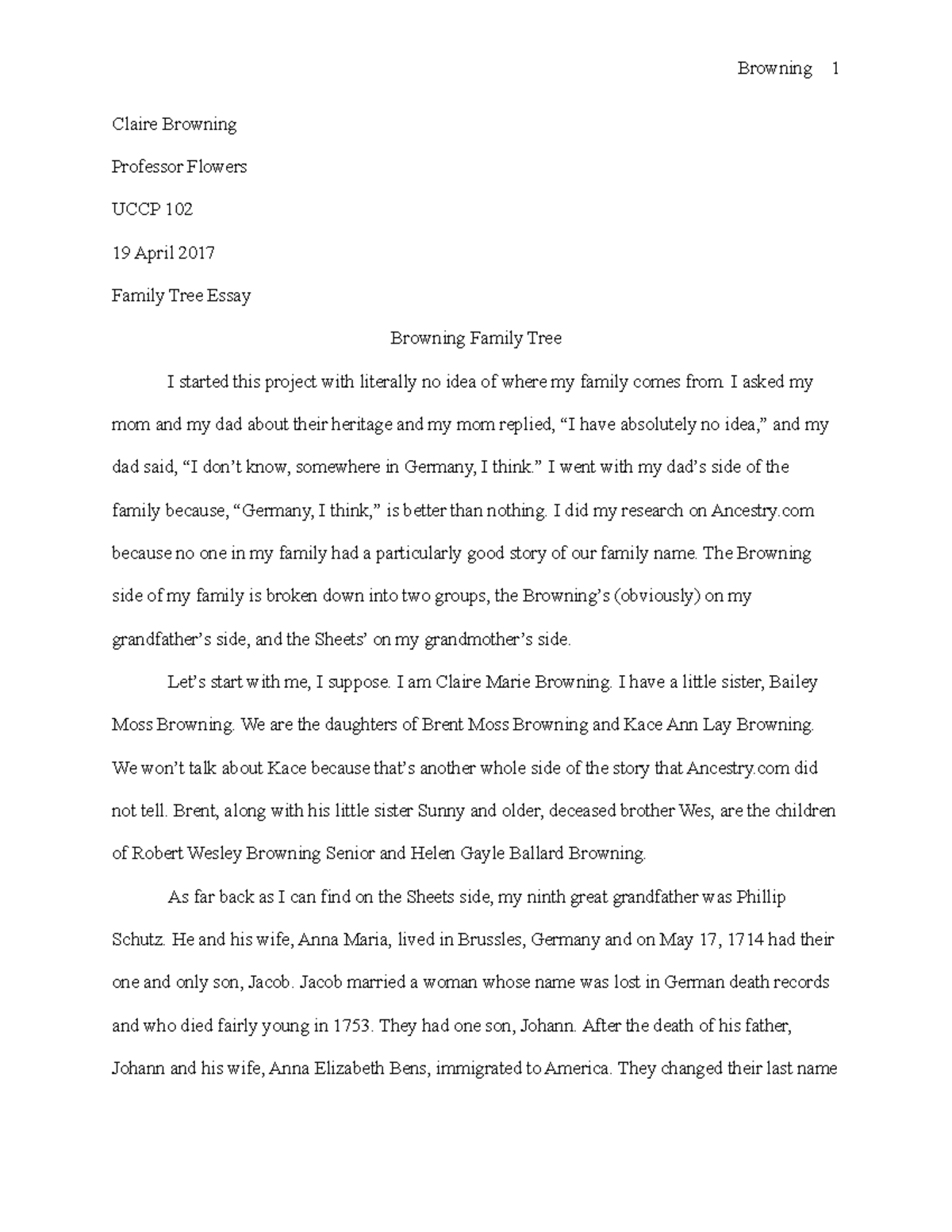 Family Tree Essay - Grade: A- Browning 1 Claire Browning Professor ...