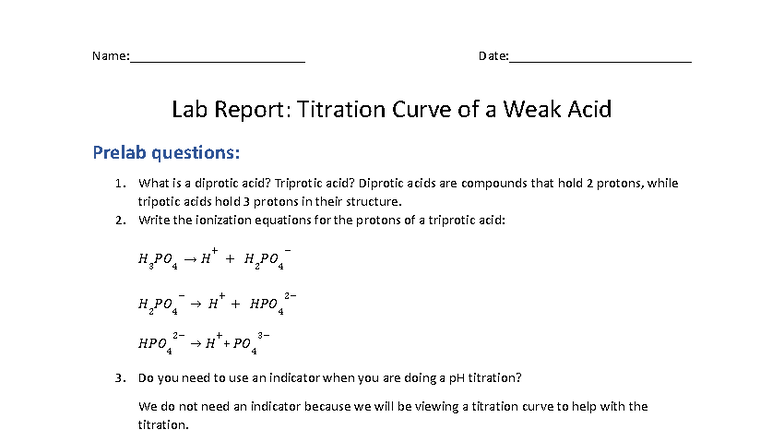 Titration Curve of a Weak Acid Lab Report (CHEM 101) - Studocu