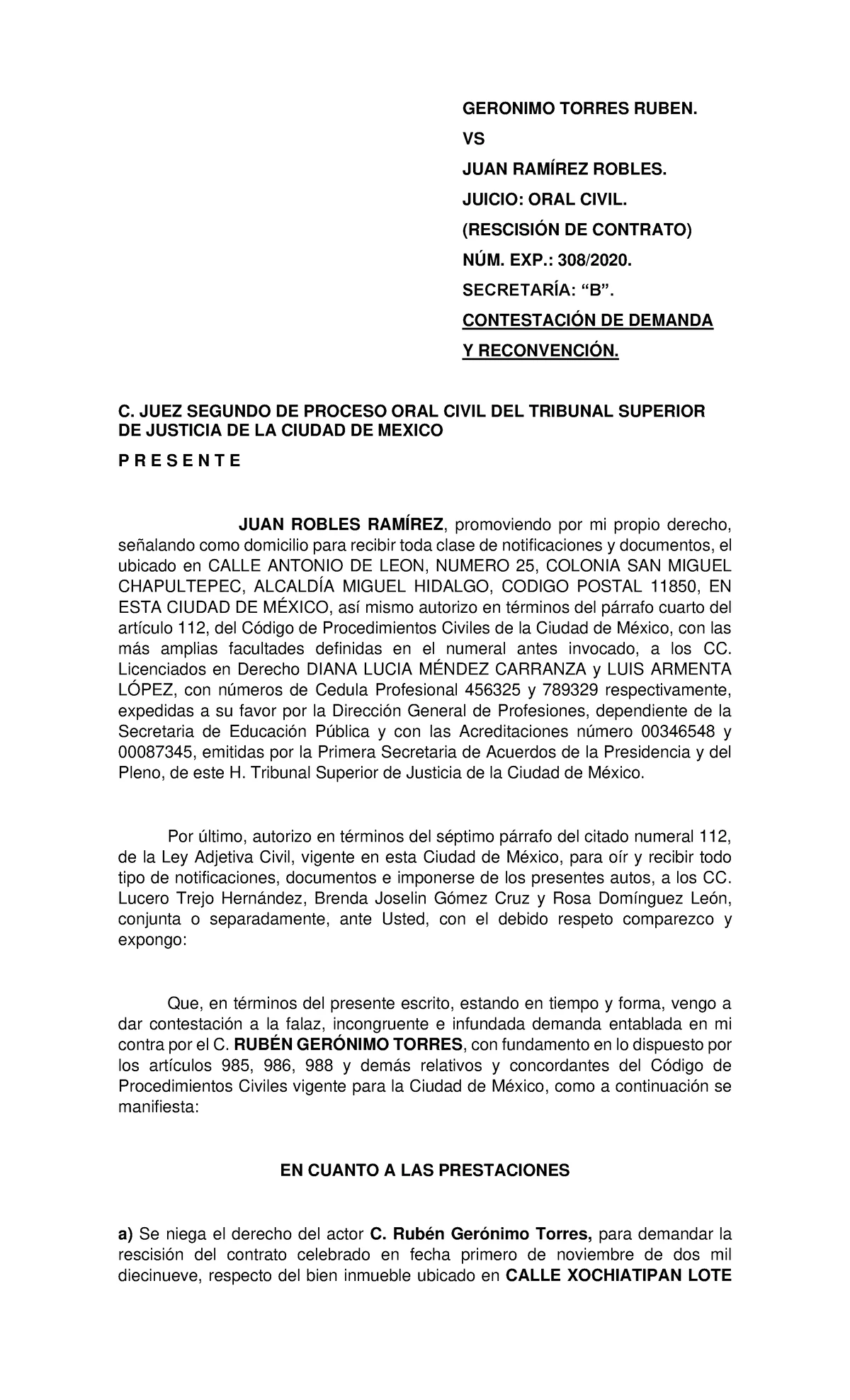 Contestacion Y Reconvencion EJECUTIVO MERCANTIL ORAL - Derecho ...