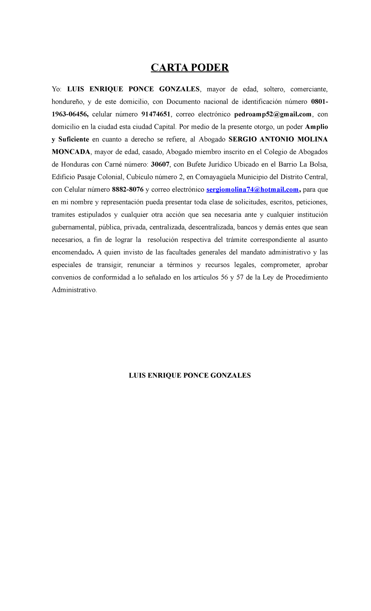 Carta Poder luis ponce Apoderado Legal Sergio Molina - CARTA PODER Yo ...