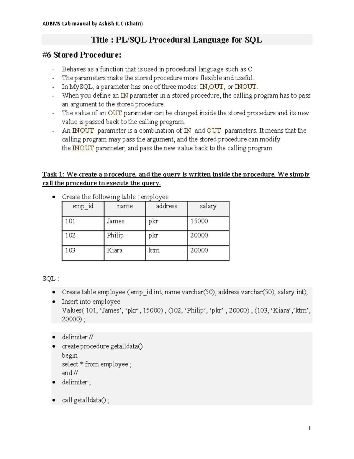 ADBMS Lab 6: PL-SQL Stored Procedures and Parameters - Studocu