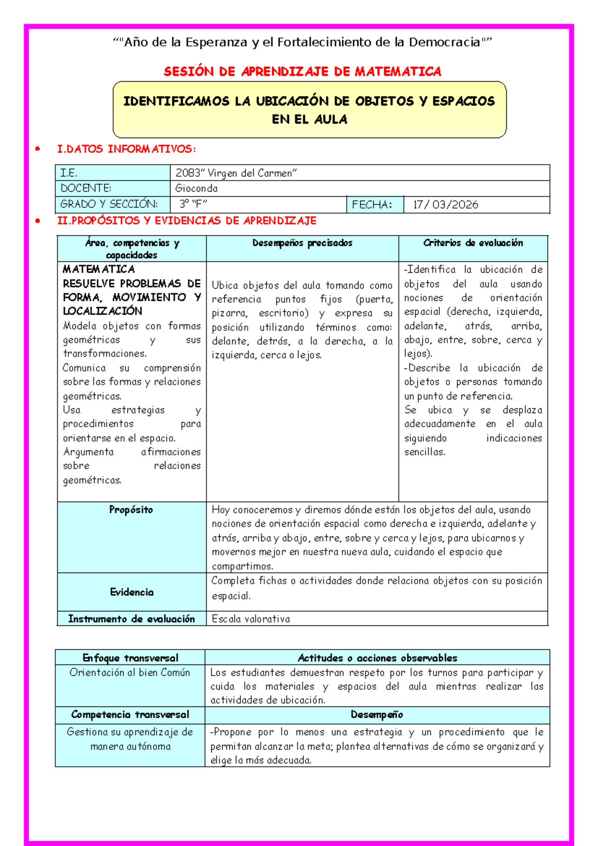 Sesión de Aprendizaje de Matemática 3° Grado: Ubicación de Objetos en ...