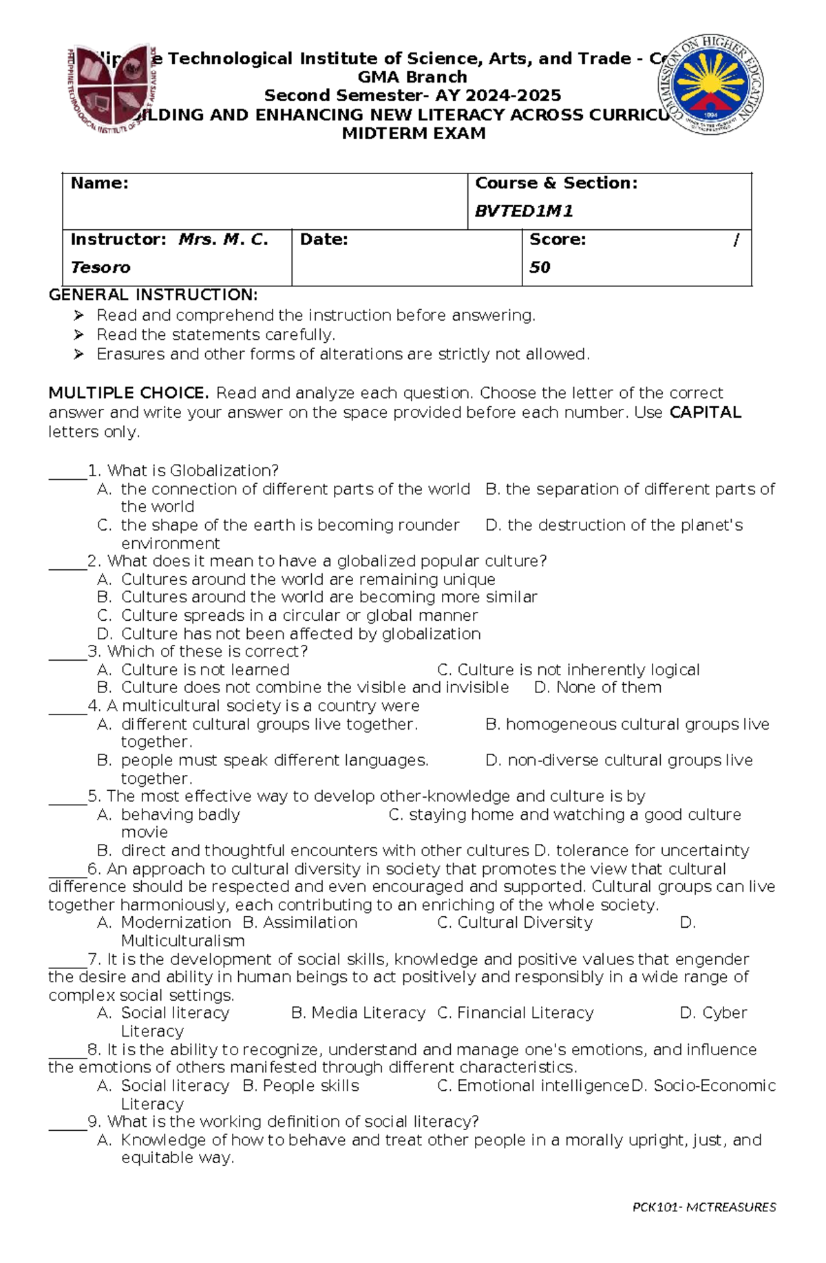PCK 101 - Midterm Exam Reviewer on Building New Literacy Across ...
