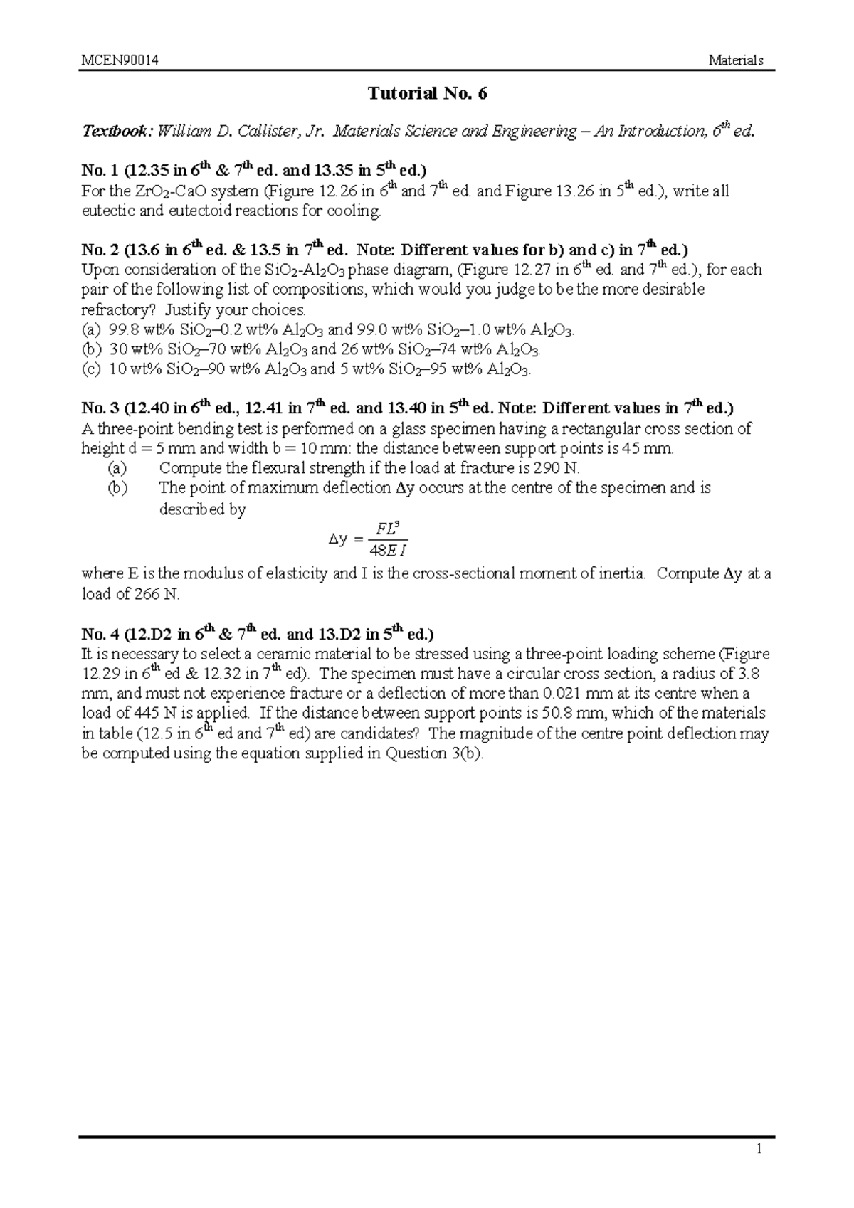 MCEN90014-Tutorial 6 - Tutorial for the subject - MCEN90014 Materials 1 ...