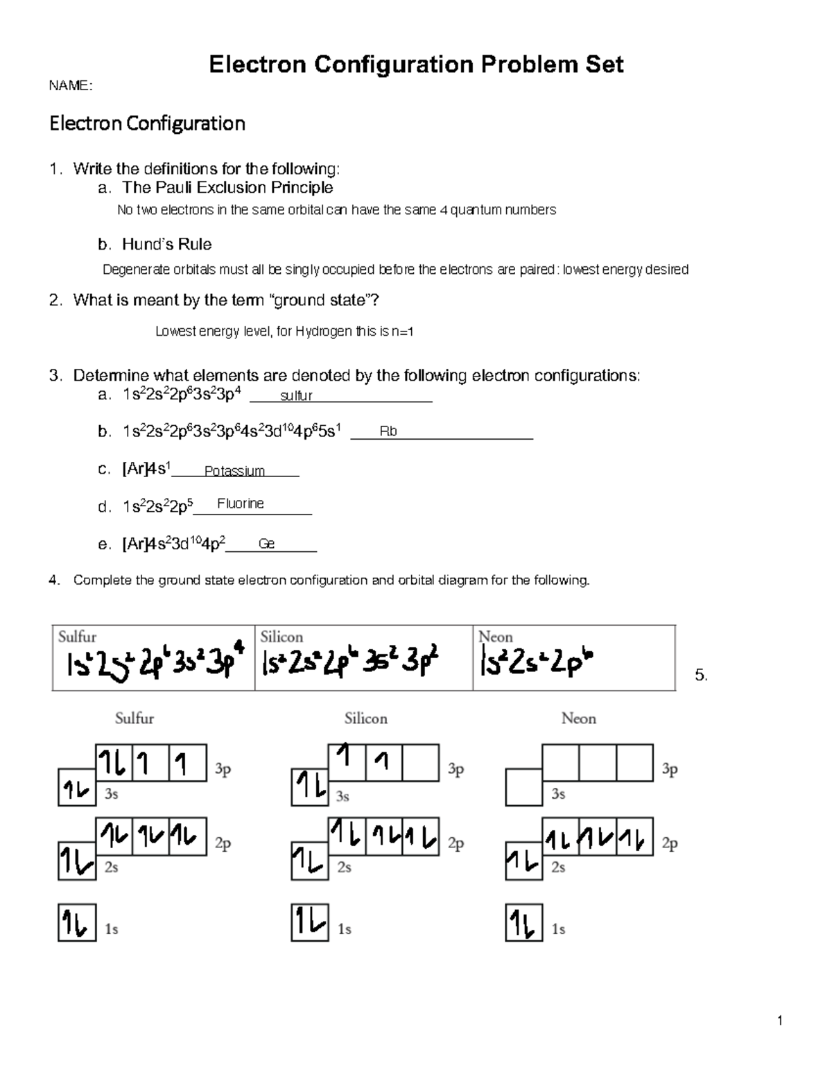 Problem Set 2 - General Chemistry Electron Configuration Exercises ...