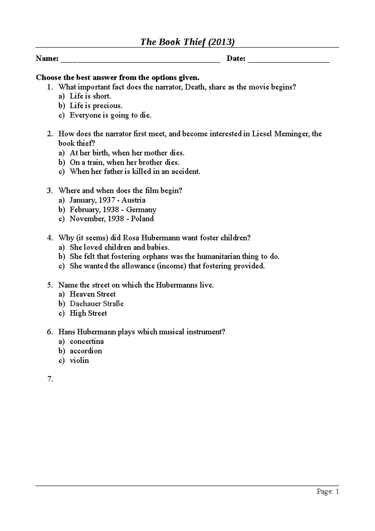 The Book Thief (2013) Multiple Choice Quiz - Demo 50 - Studocu