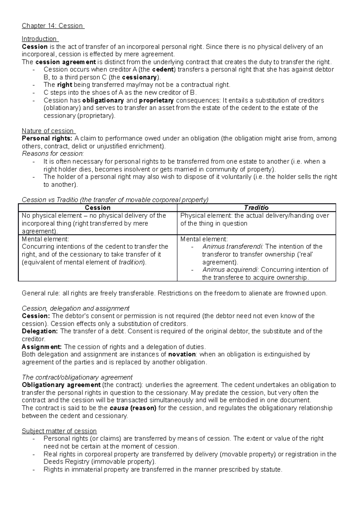 Chapter 14 - Complete - Summary Law of Contract 202 [4] - Chapter 14: Cession Introduction ...