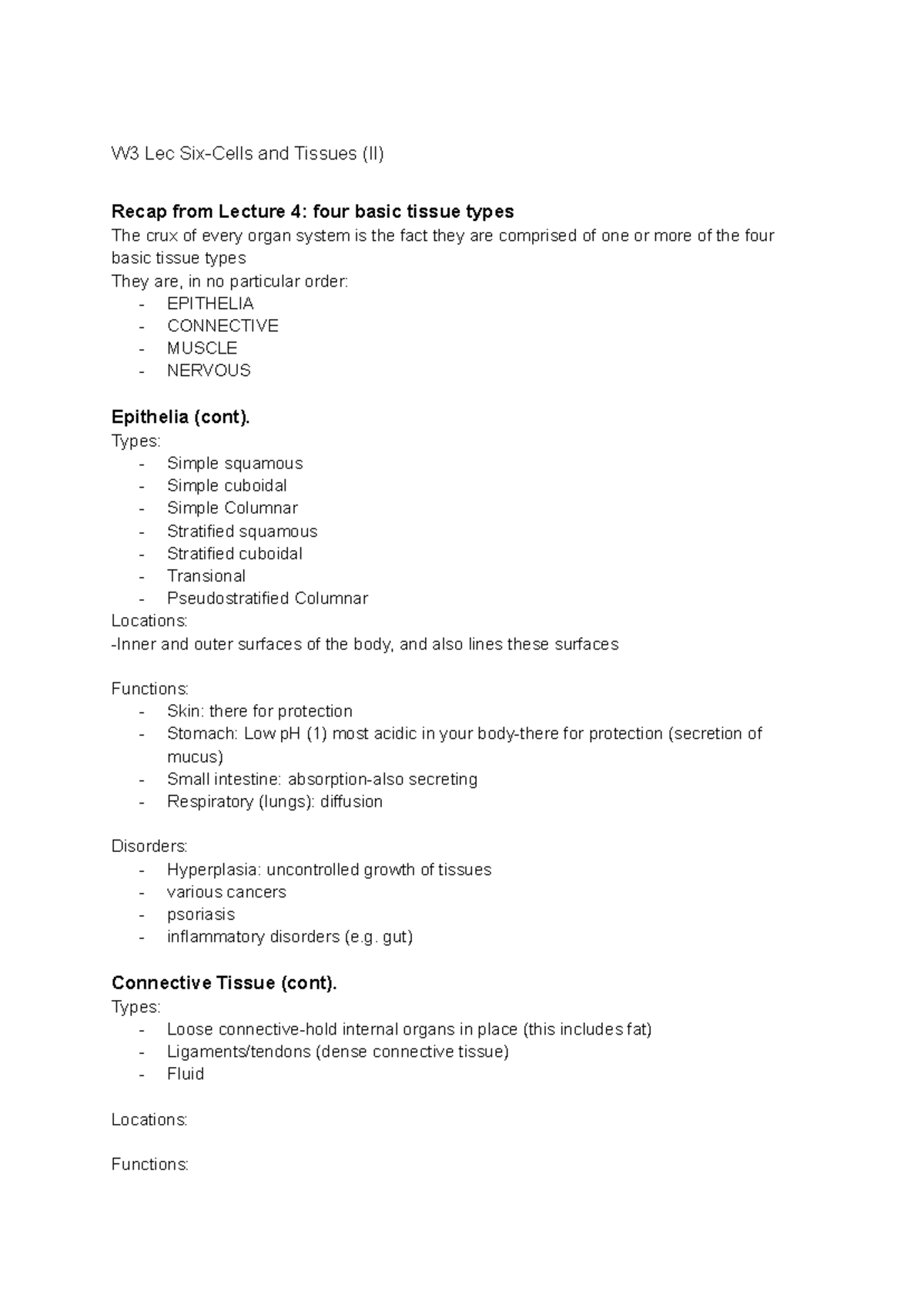 W3 Lecture 4 Recap: Four Basic Tissue Types Overview - Studocu