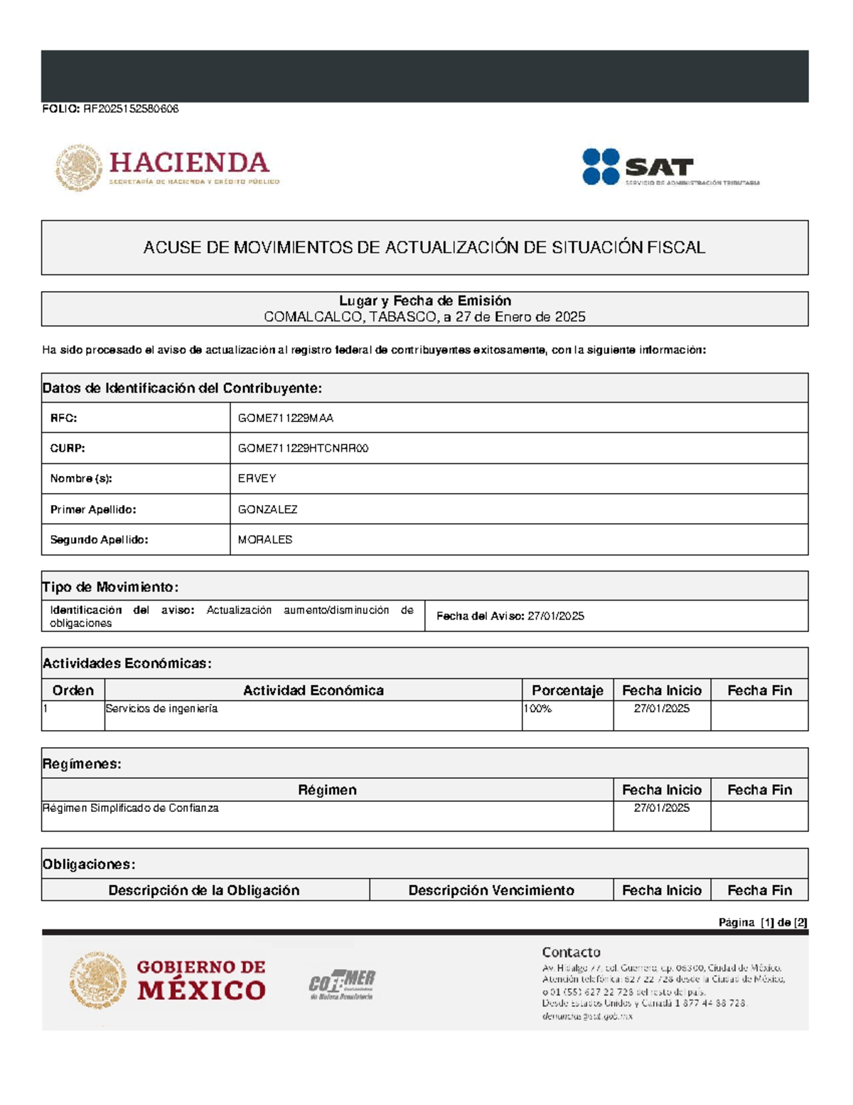 Acuse de movimientos de actualización de situación fiscal - RF2025 ...