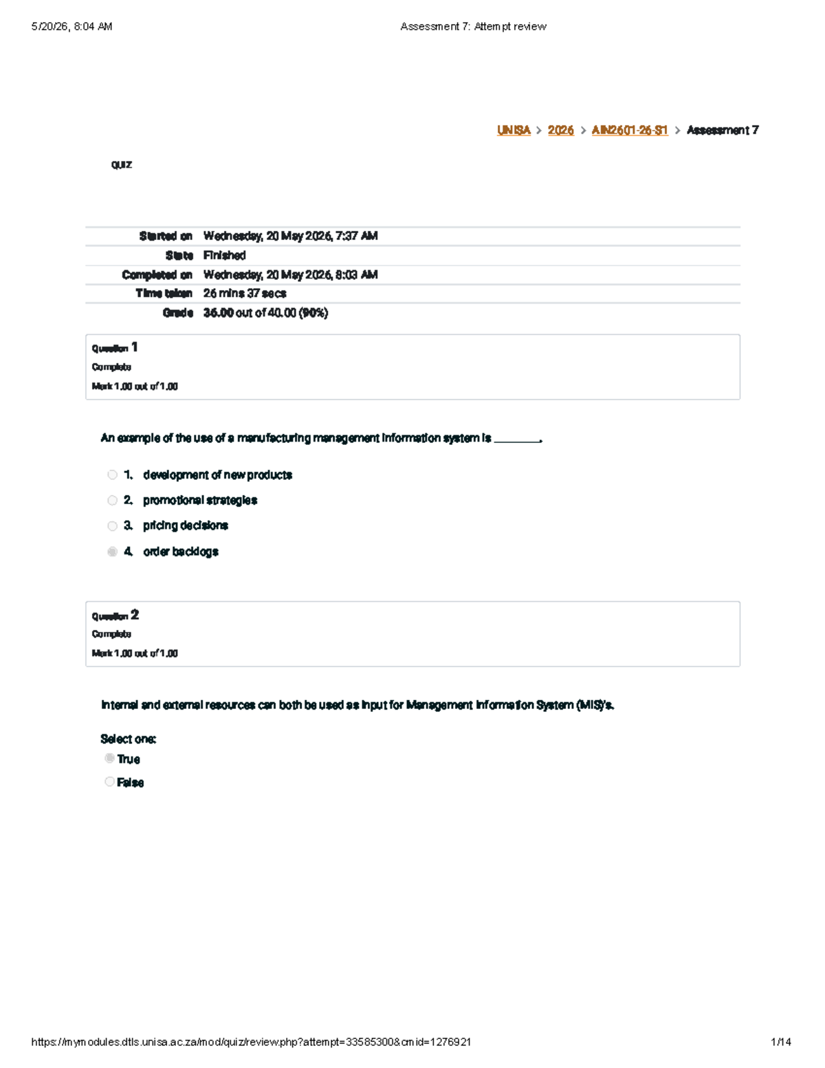 UNISA 2026 Assessment 7: Attempt Review and Quiz Insights - Studocu