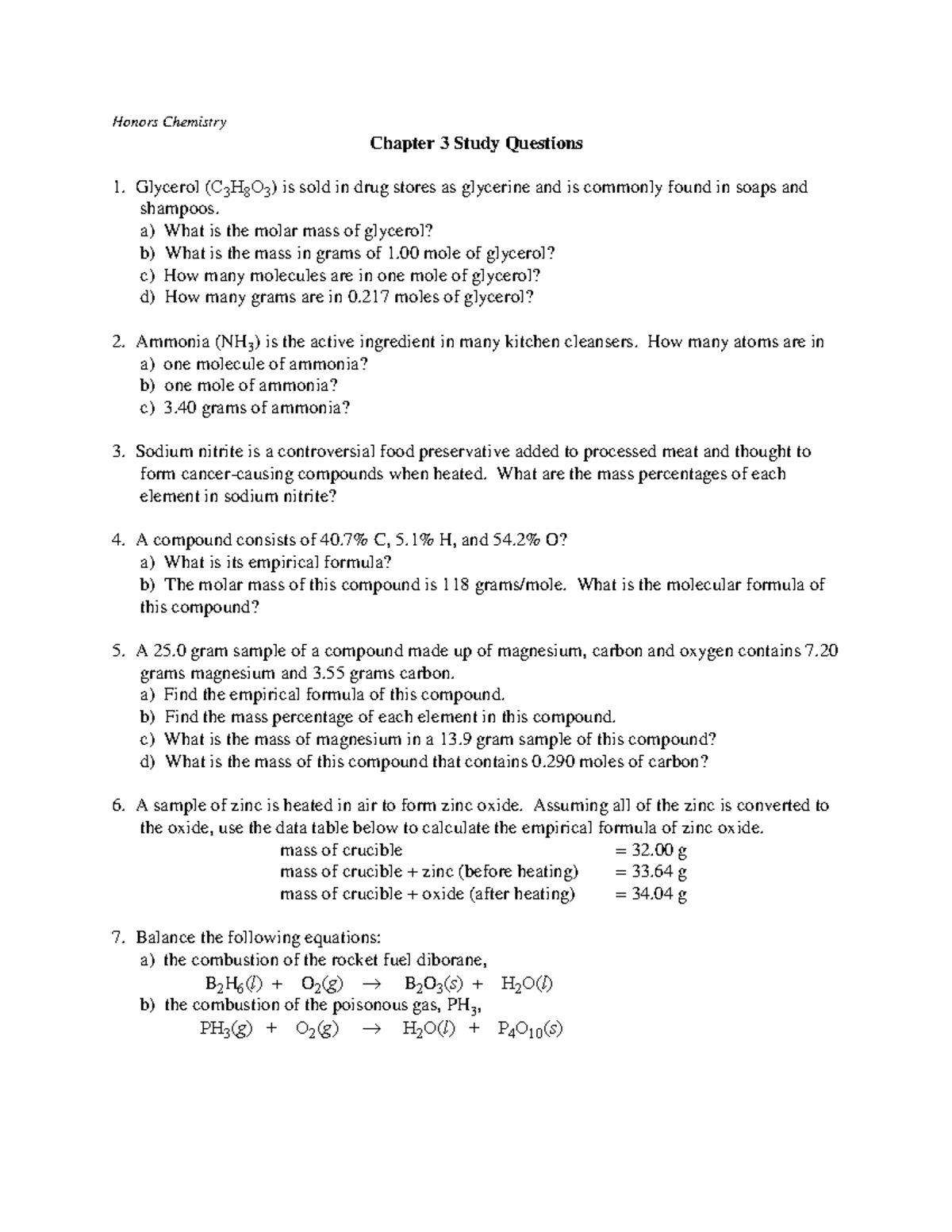 Honors Chemistry CH 3 Study Questions & Answers - Studocu