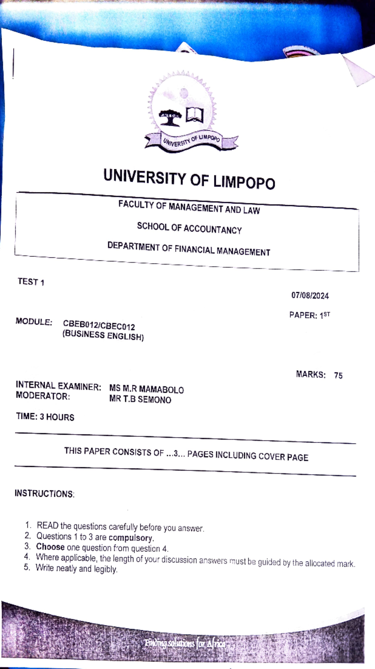 CBEB012 Business English Test 1 Instructions and Questions - Studocu