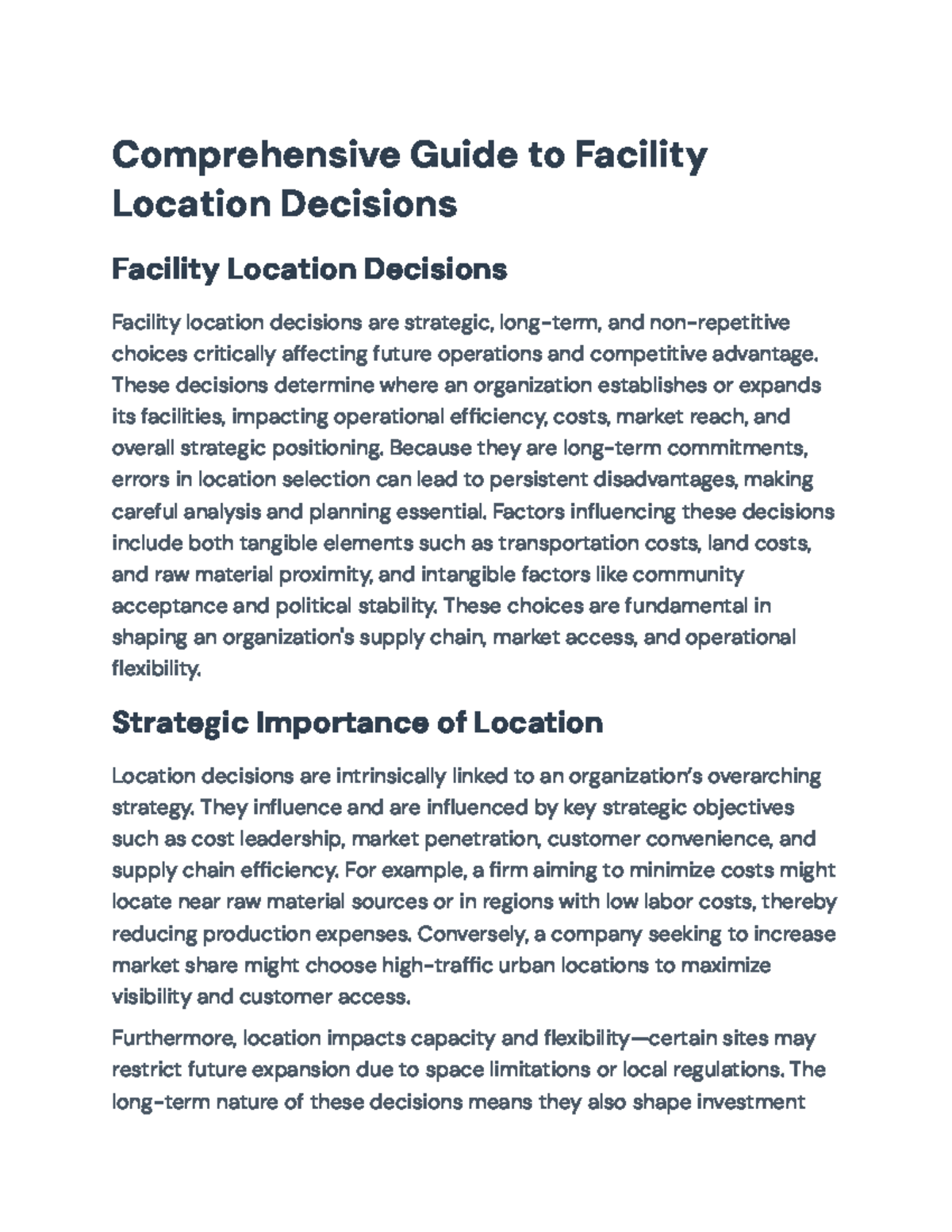 Comprehensive Guide to Facility Location Decisions (MGMT 101) - Studocu