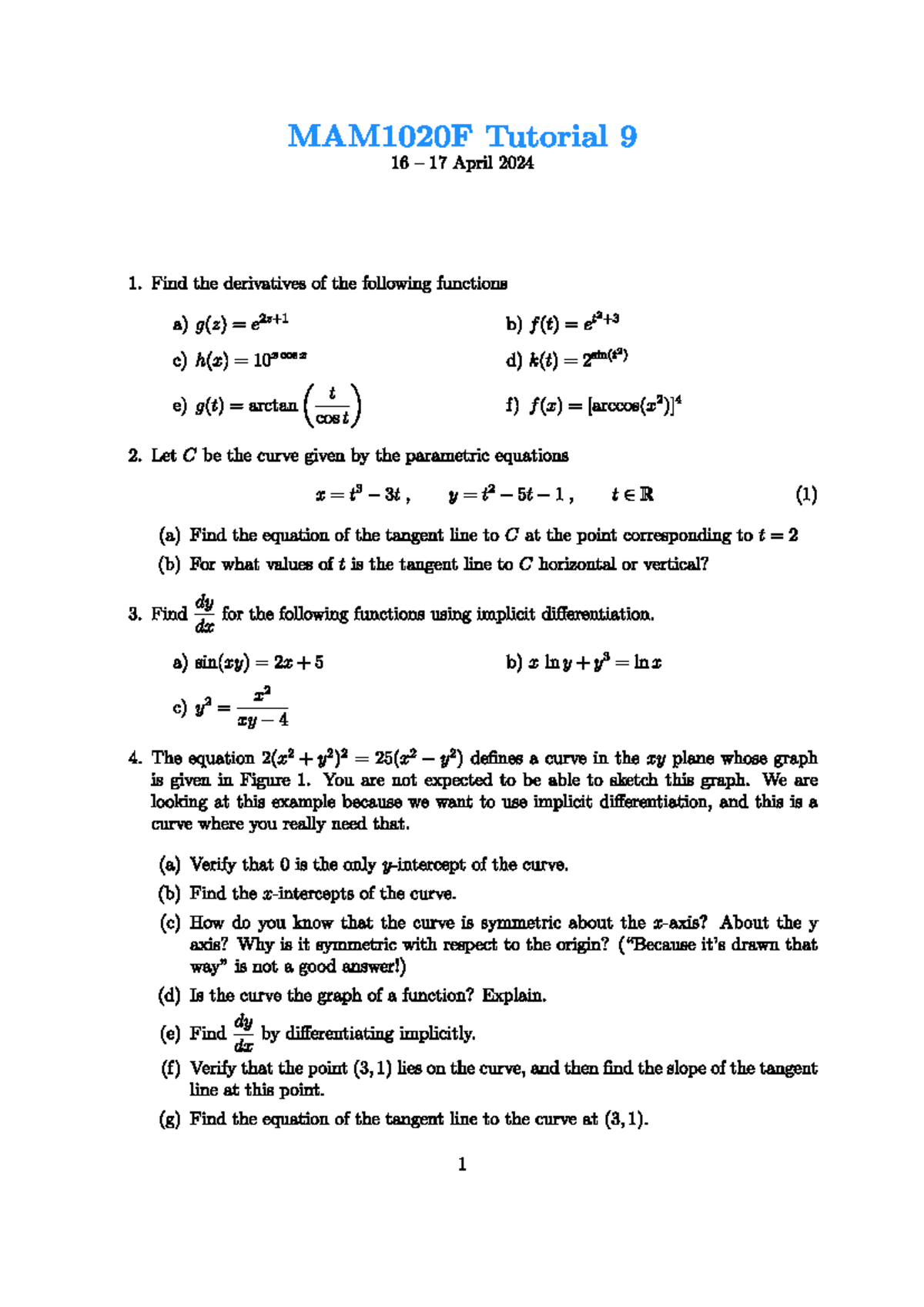 Tut9 maths - tutorial - MAM1020F Tutorial 9 16 17 April 2024 1. Find ...