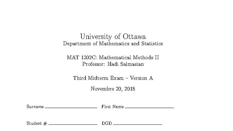 MAT 1302C: Mathematical Methods II Third Midterm Exam Solutions - Studocu