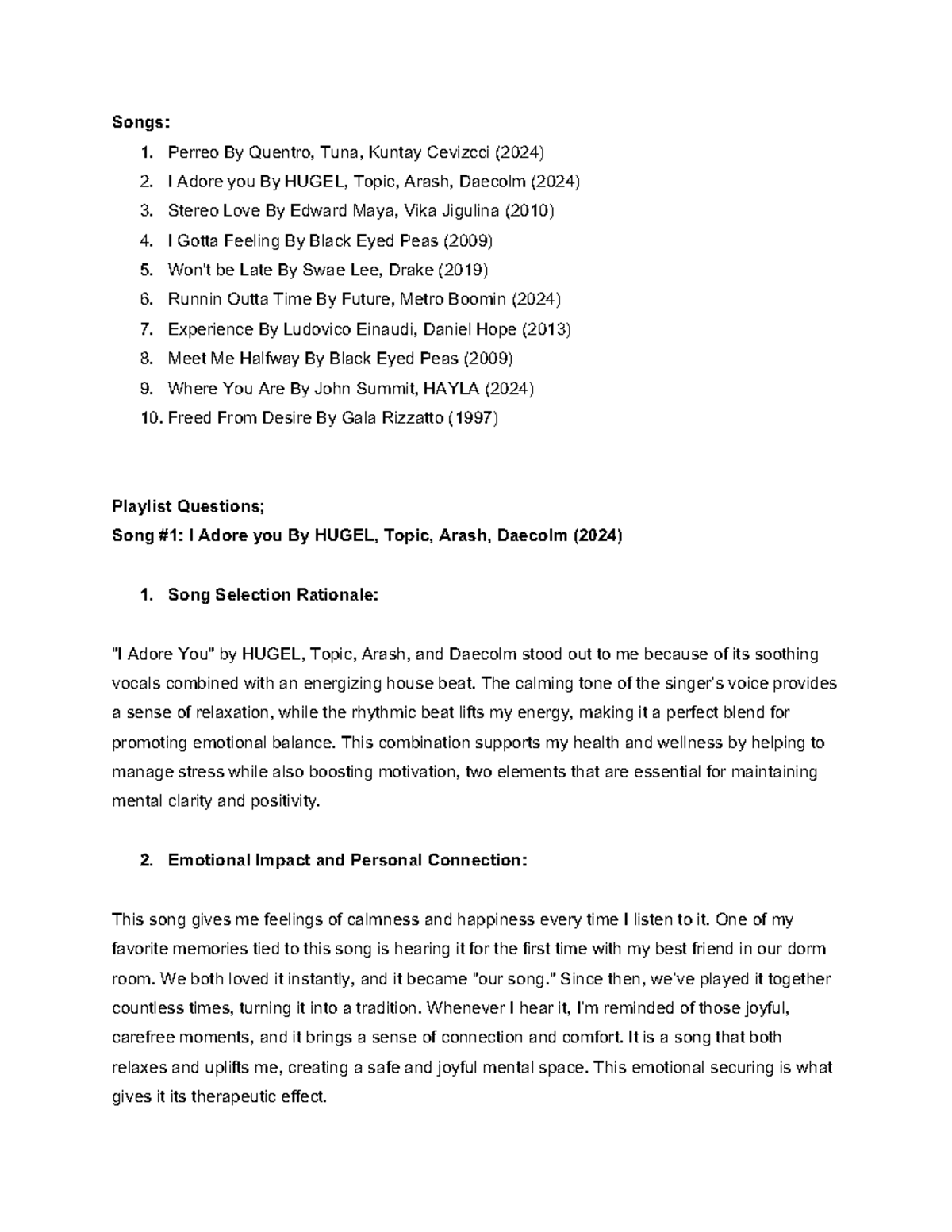 Personal Playlist Analysis for HS1111: Emotional Connections & Wellness ...