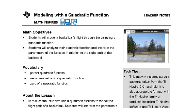 Modeling with a Quadratic Function: Teacher Notes for MATH NSPIRED ...