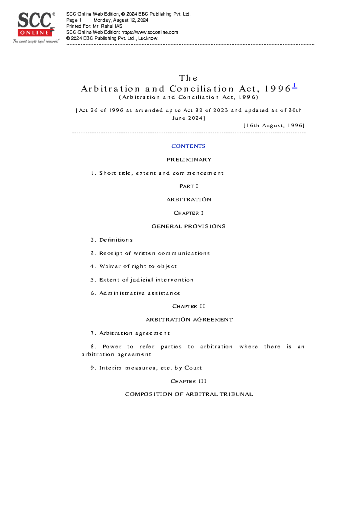 Arbitration and Conciliation Act, 1996: SCC Bare Act Overview - Studocu