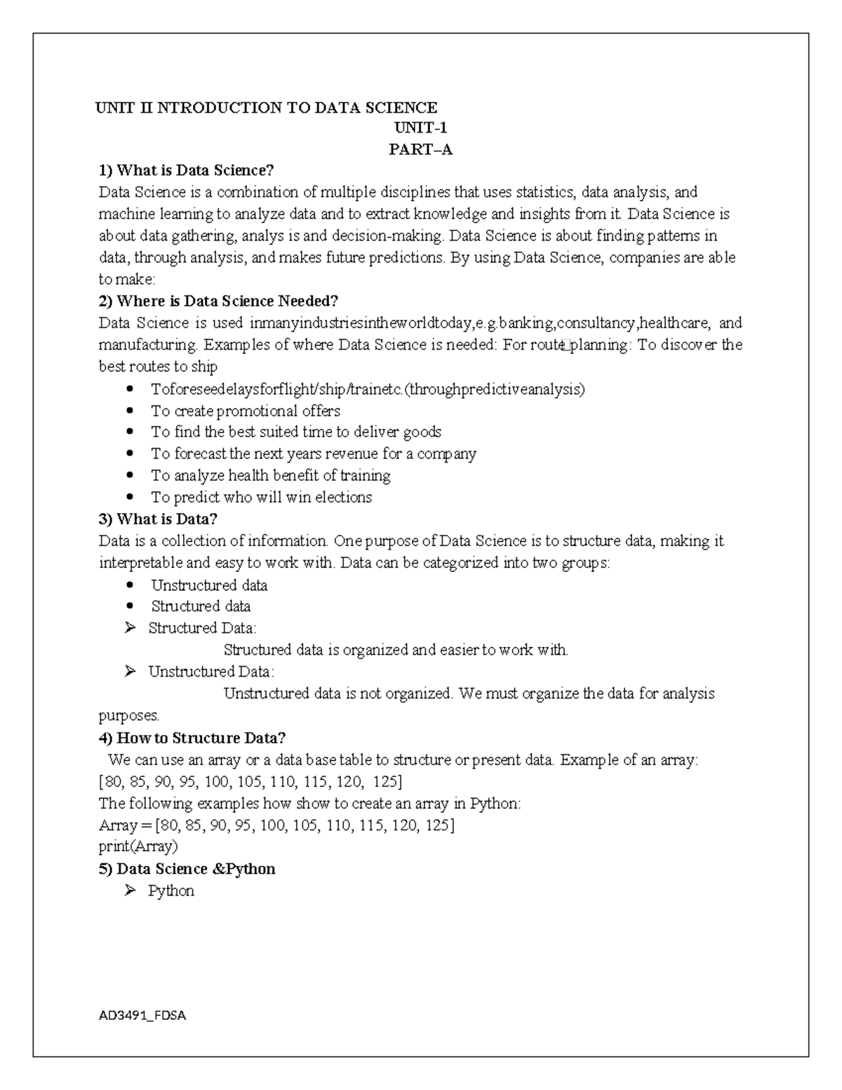 Unit II: Introduction to Data Science - AD3491_FDSA Overview and Key ...