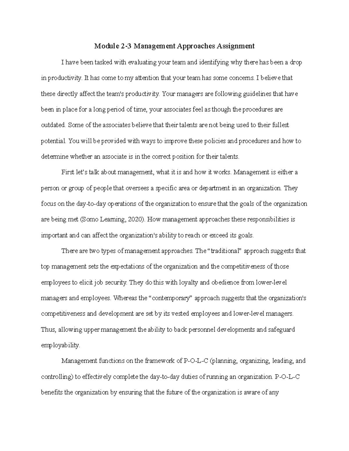 Bus 210 Module 2.3 Management Approaches Assignments - Module 2-3 Management Approaches ...