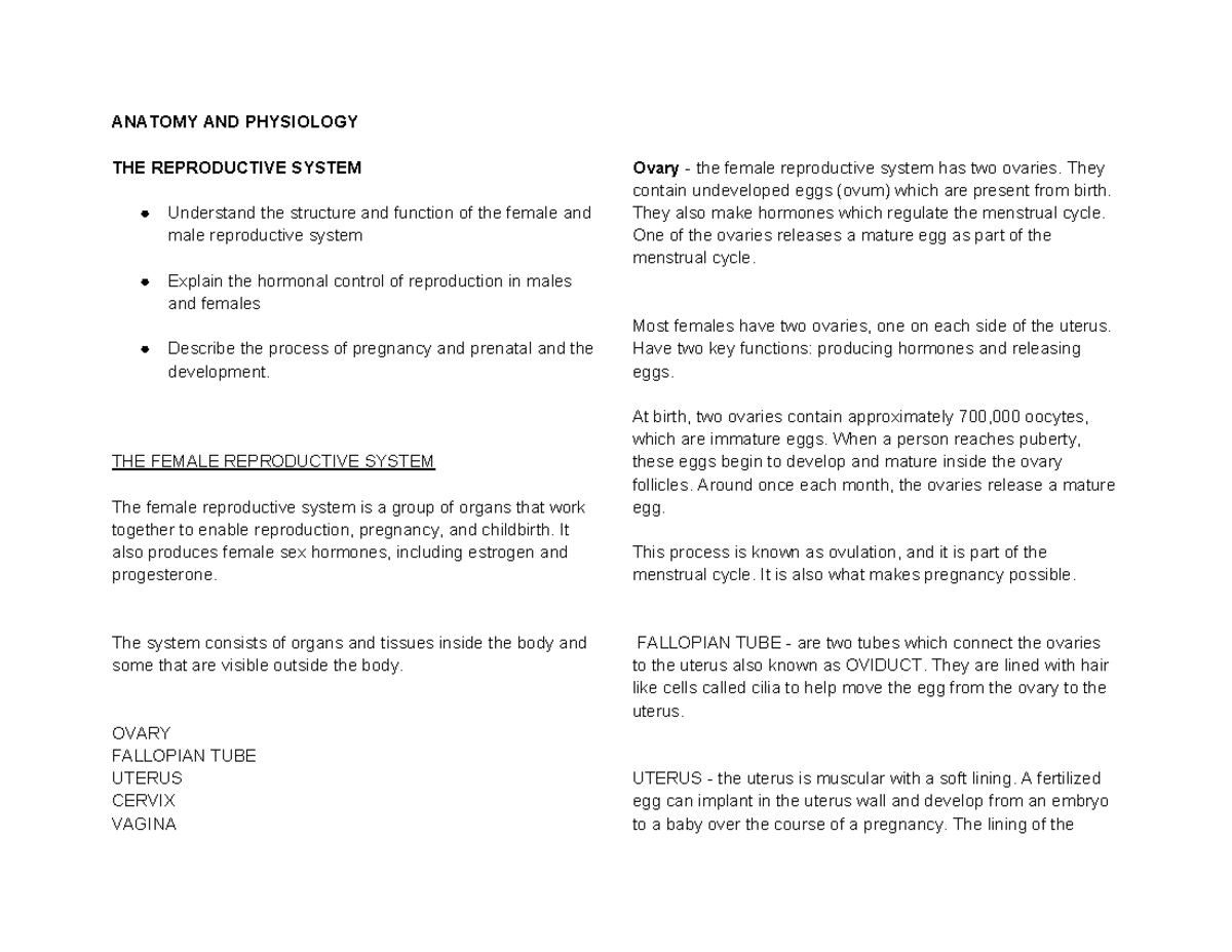 Reproductive System Study Guide: Anatomy & Hormonal Control - Studocu