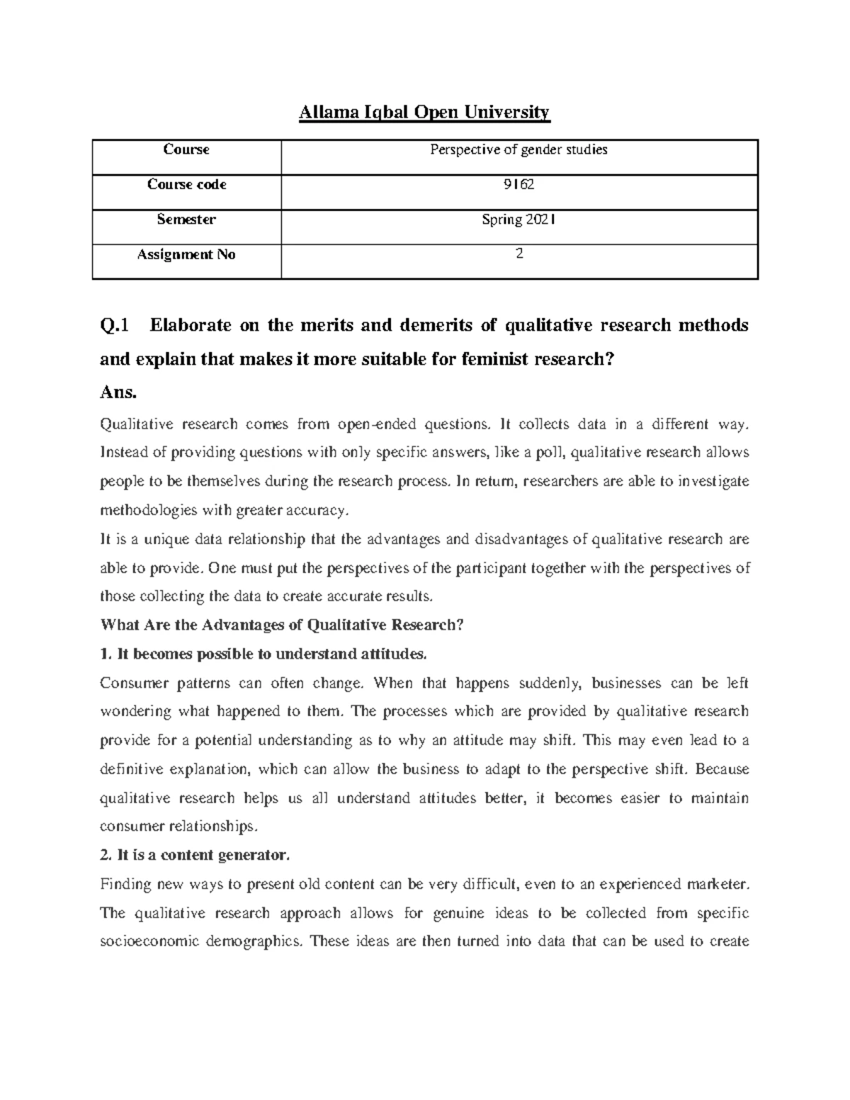 BS English 9162: Gender Studies Assignment 1 - Perspectives on Gender ...