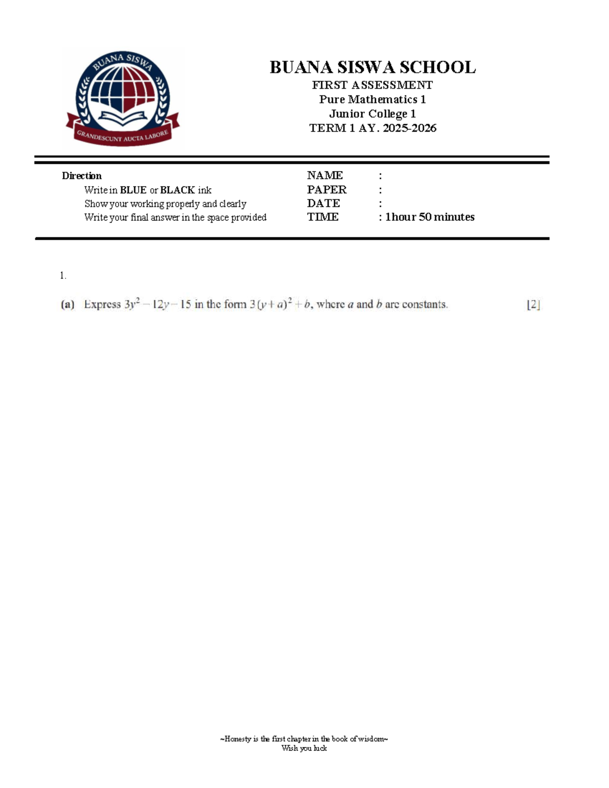 JC 1 Pure Mathematics 1 First Assessment Term 1 AY - Studocu
