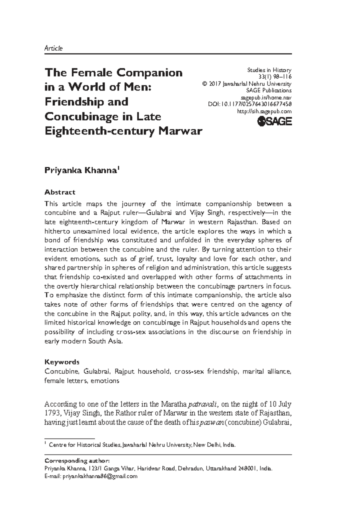Studies in History 33(1): Concubinage and Friendship in Late Marwar ...
