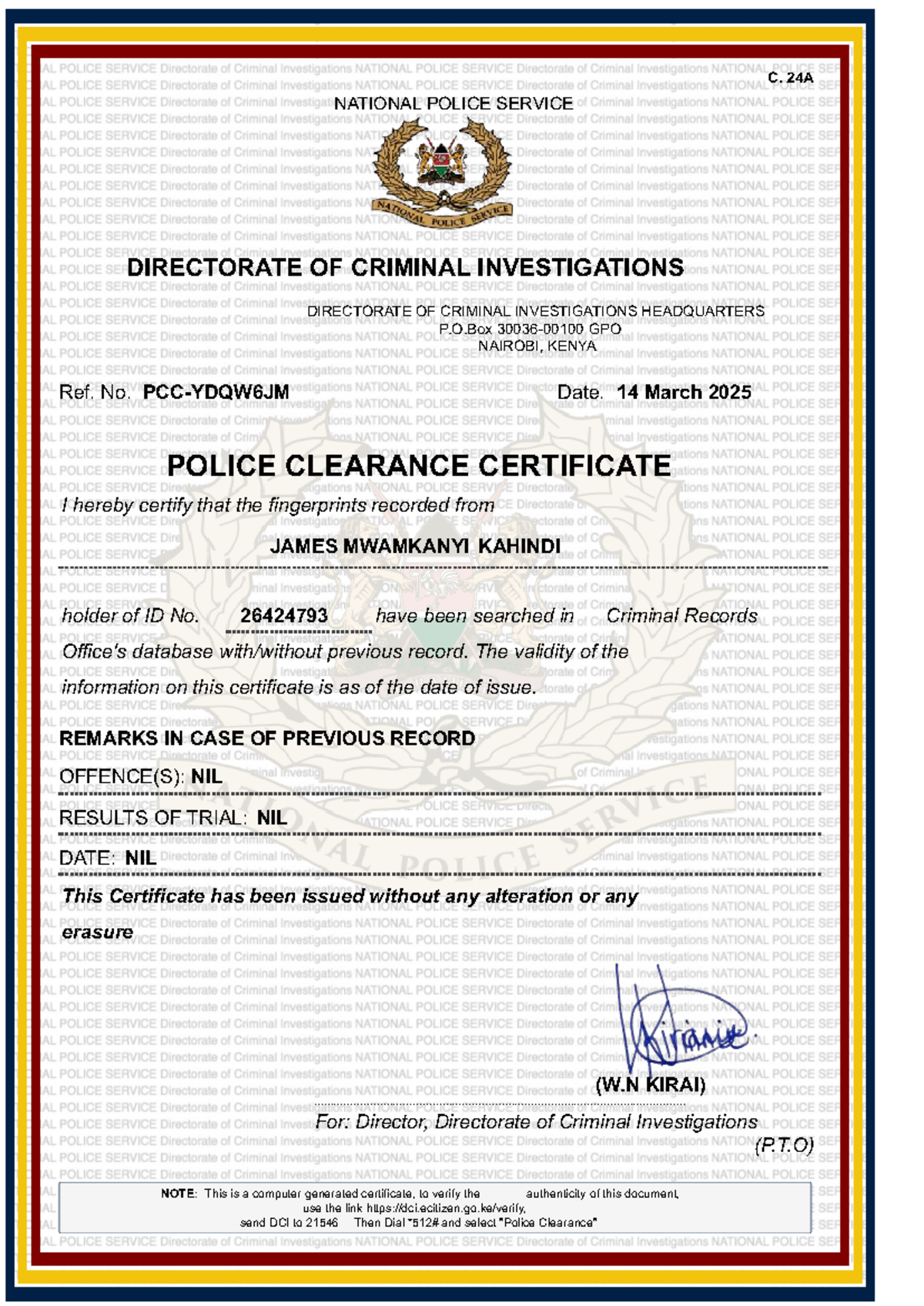 PCC Sample for James Mwamakanyi Kahindi - DCI Clearance Cert. - Studocu