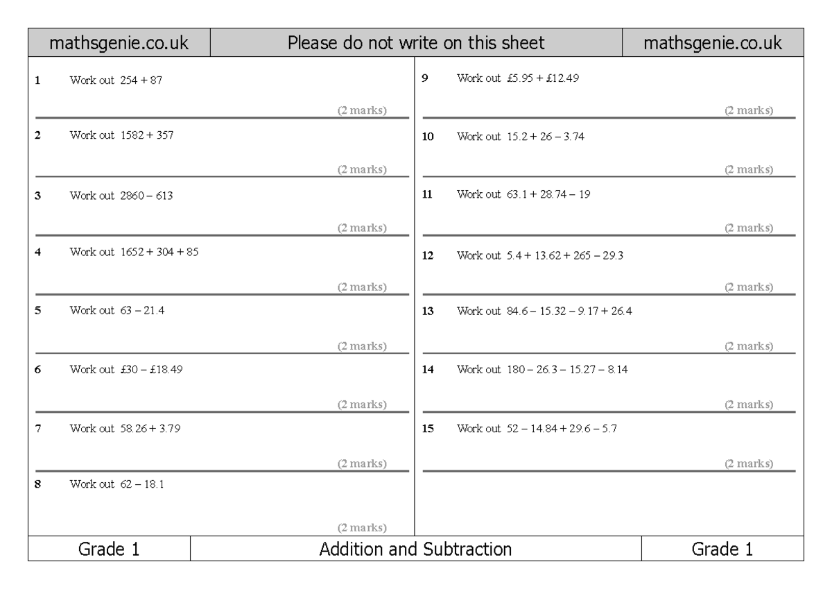Grade 1 Addition and Subtraction Worksheet - mathsgenie.co.uk - Studocu