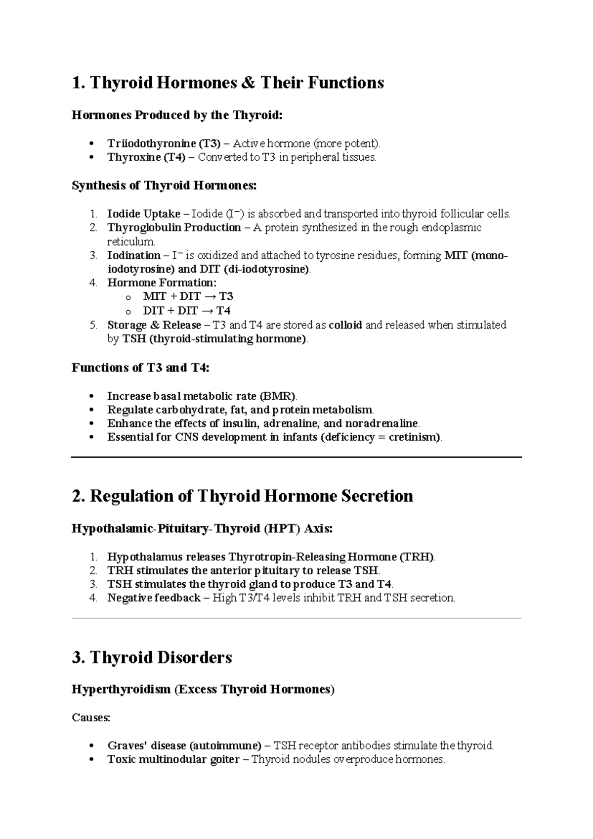 Thyroid Hormones: Functions, Synthesis, and Disorders Notes - Studocu