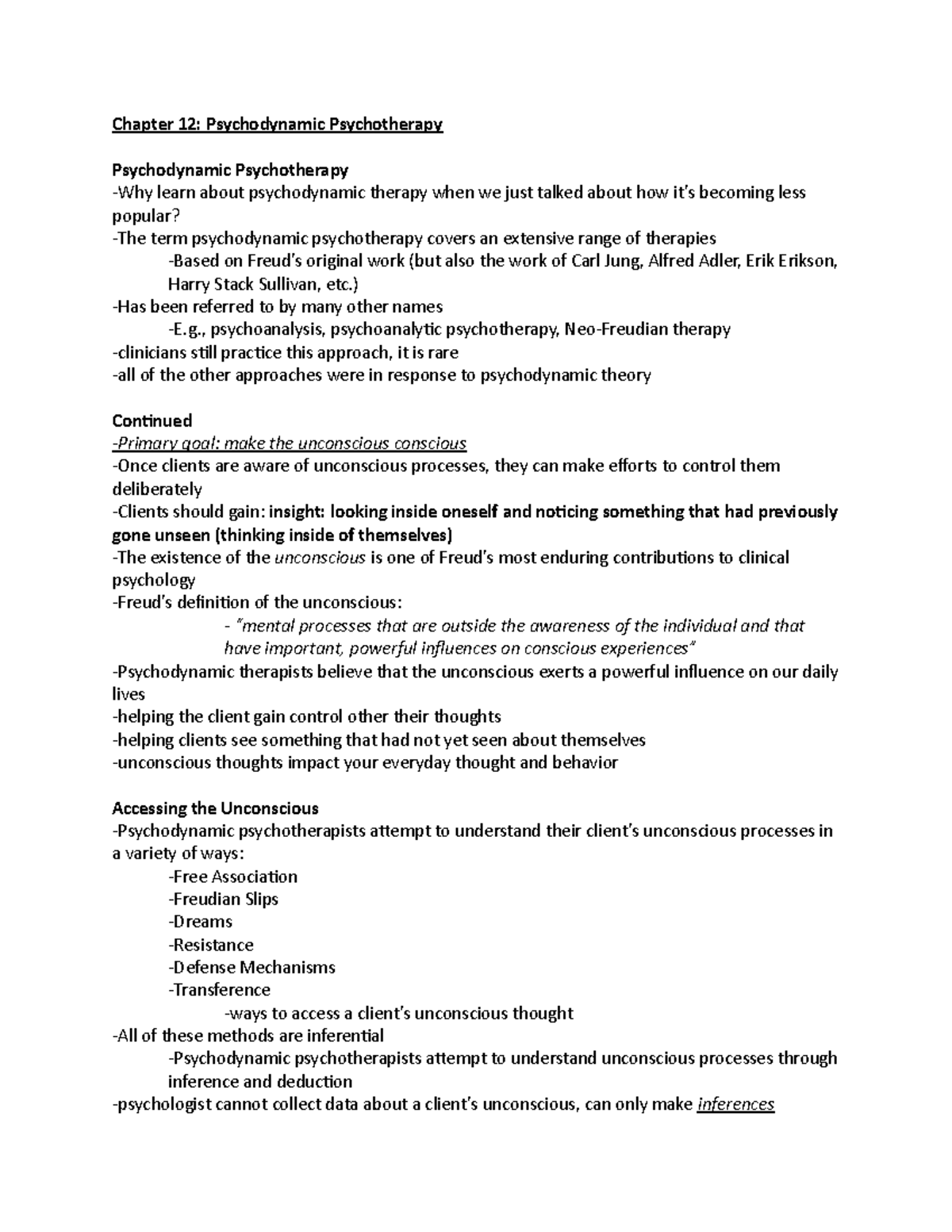 Chapter 12 Psychodynamic Psychotherapy Lecture Notes (Psych 101) - Studocu