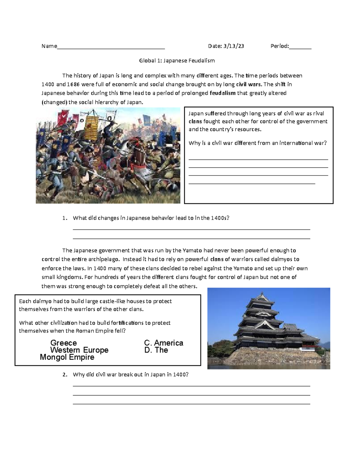 Global 1: Japanese Feudalism - Social Hierarchy and Warfare (1400-1686 ...