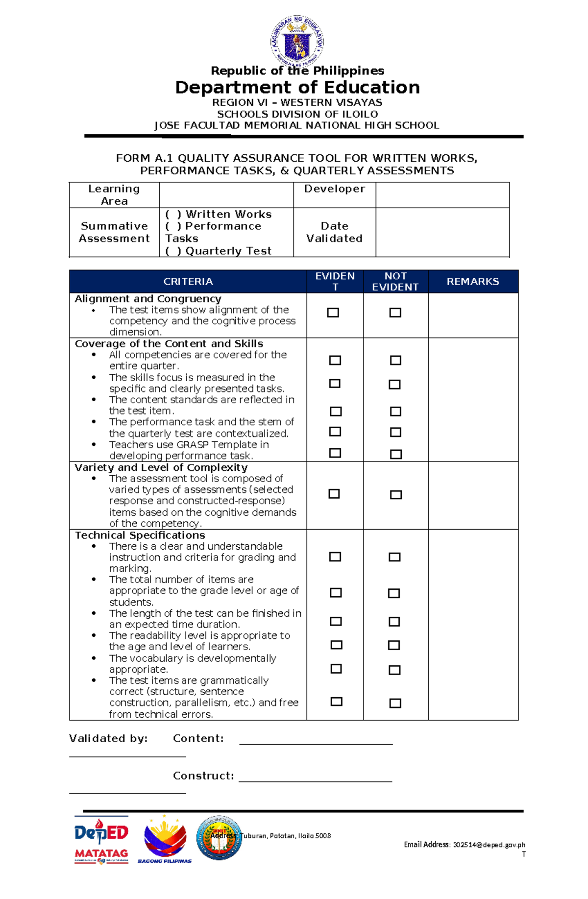 Final Exam Quality Assurance Tool for Performance Tasks & Assessments ...