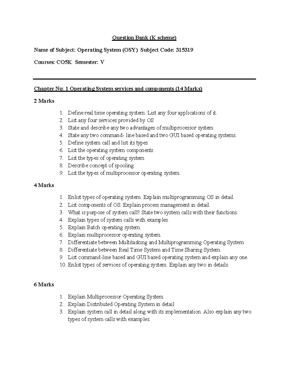 315319-OSY Question Bank: Operating System Concepts and Processes - Studocu